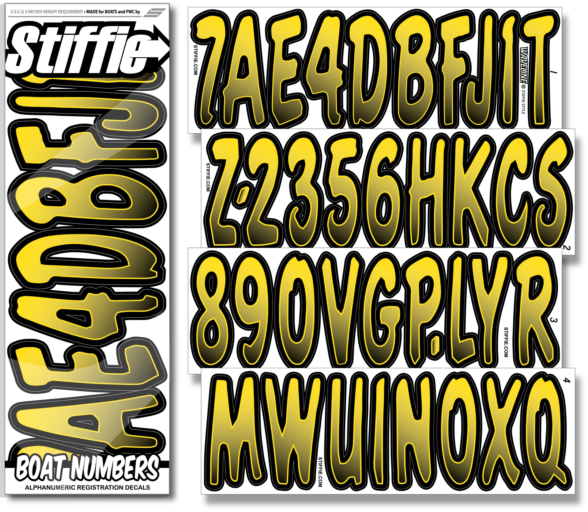 STIFFIE Waveline Yellow/Black 3” Boat & PWC Registration Decals • Numb