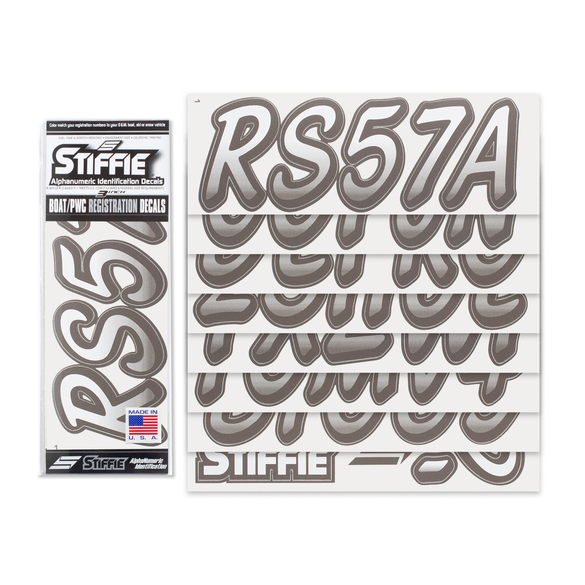 Stiffie Whipline White/Carbon 3" Alpha-Numeric Boat Registration Numbe